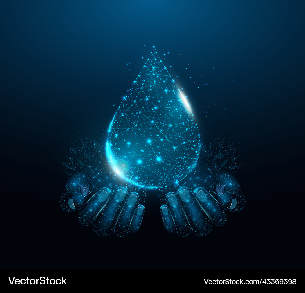 Two human hands are holds water drop wireframe Vector Image