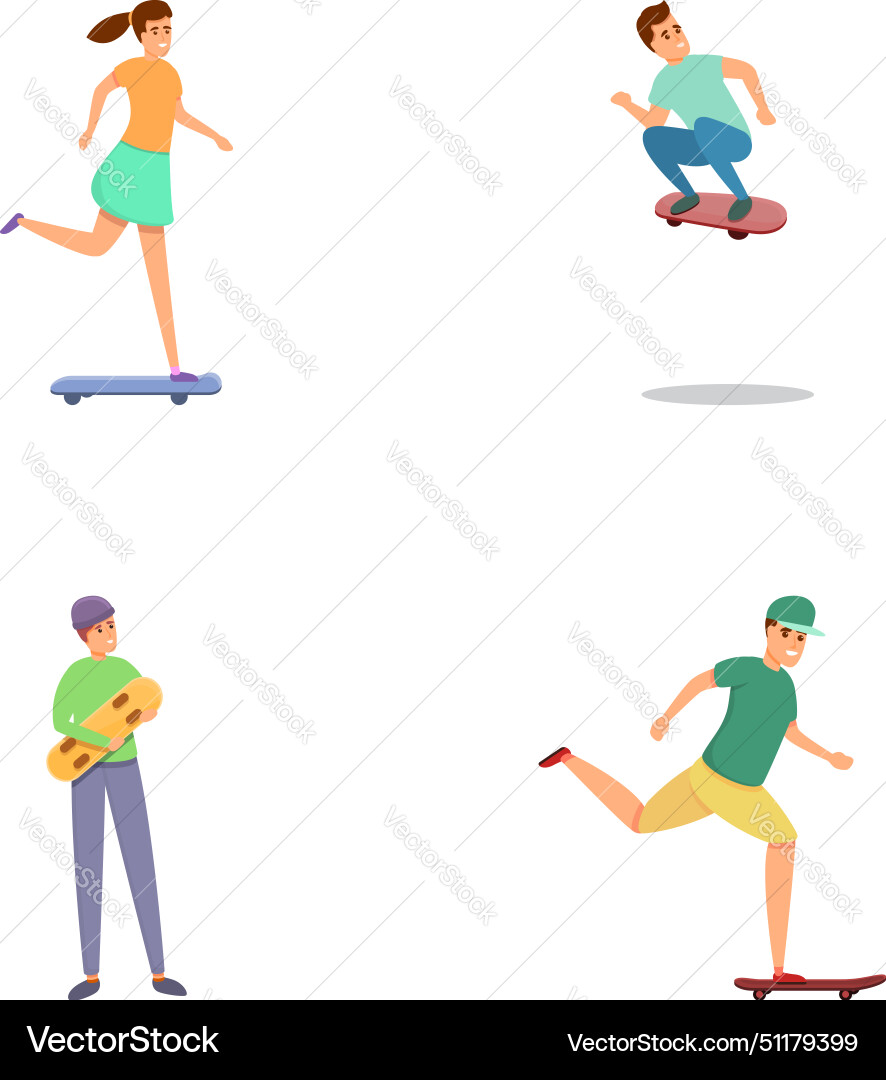 Skateboarding icons set cartoon diverse Royalty Free Vector