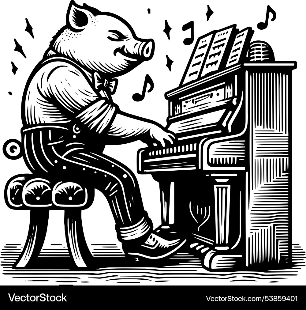 Pig playing piano in vintage style Royalty Free Vector Image