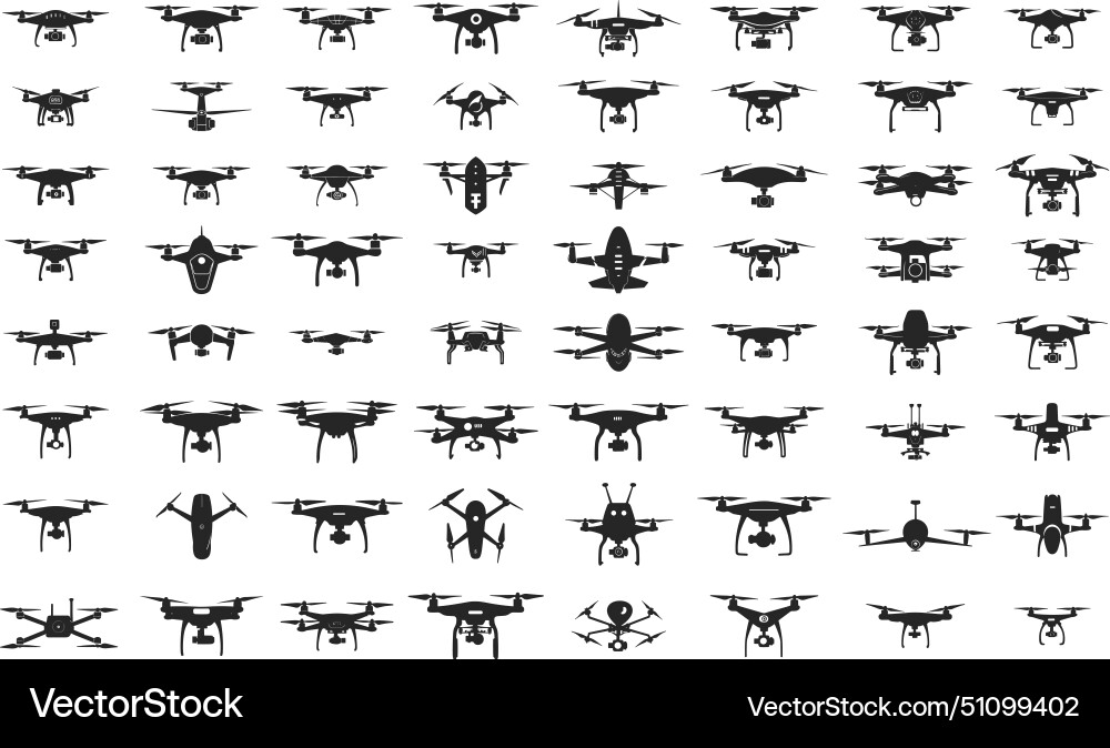 Drones icons set unmanned quadcopter Royalty Free Vector