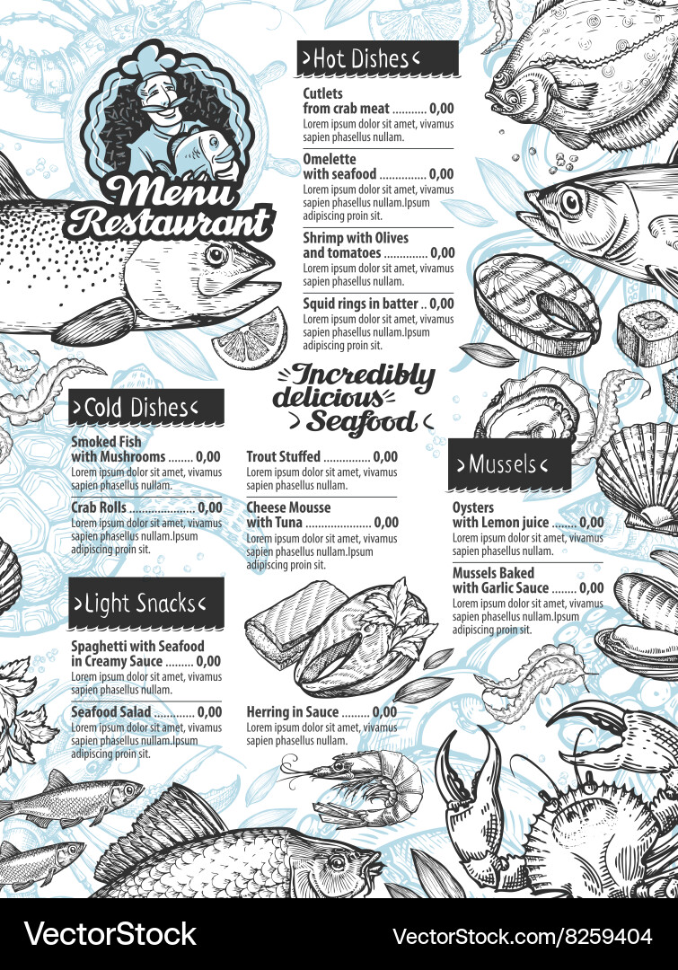 Menu seafood template brochure or flyer Royalty Free Vector