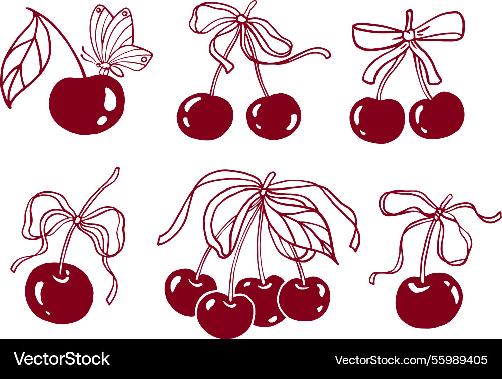 Cherries with ribbon bow coquette Royalty Free Vector Image
