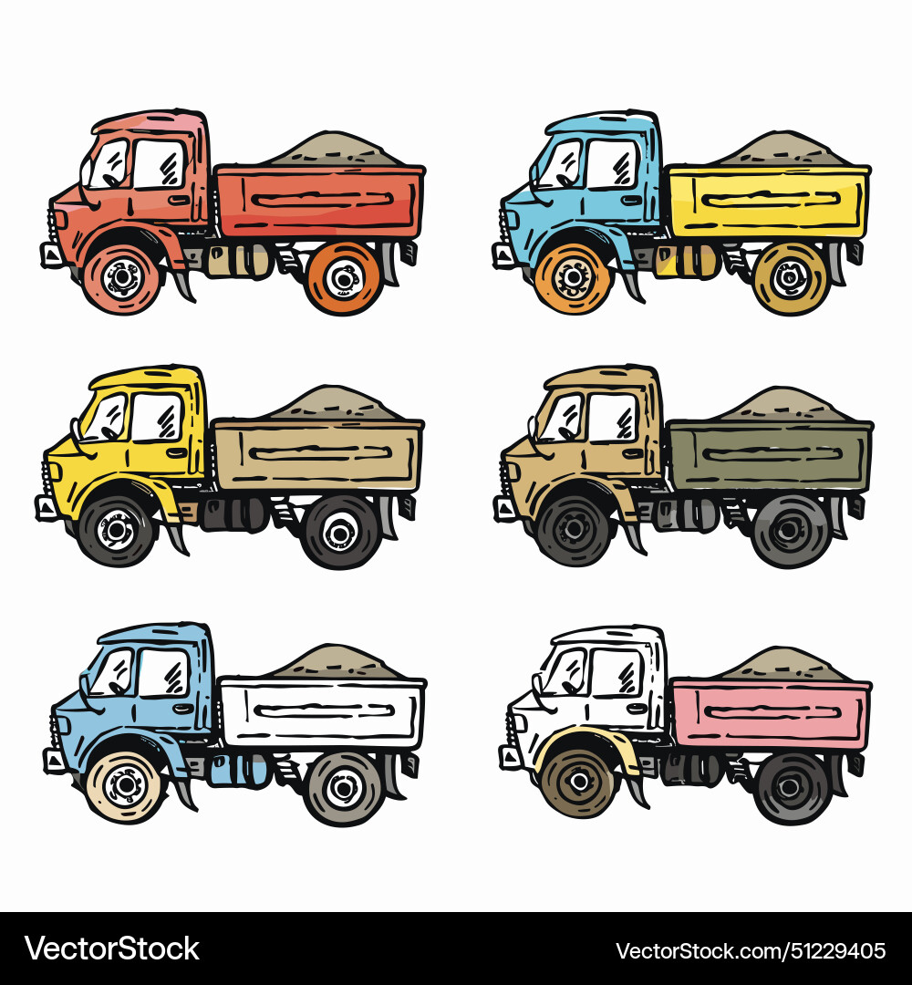 Handdrawn colorful dump trucks Royalty Free Vector Image