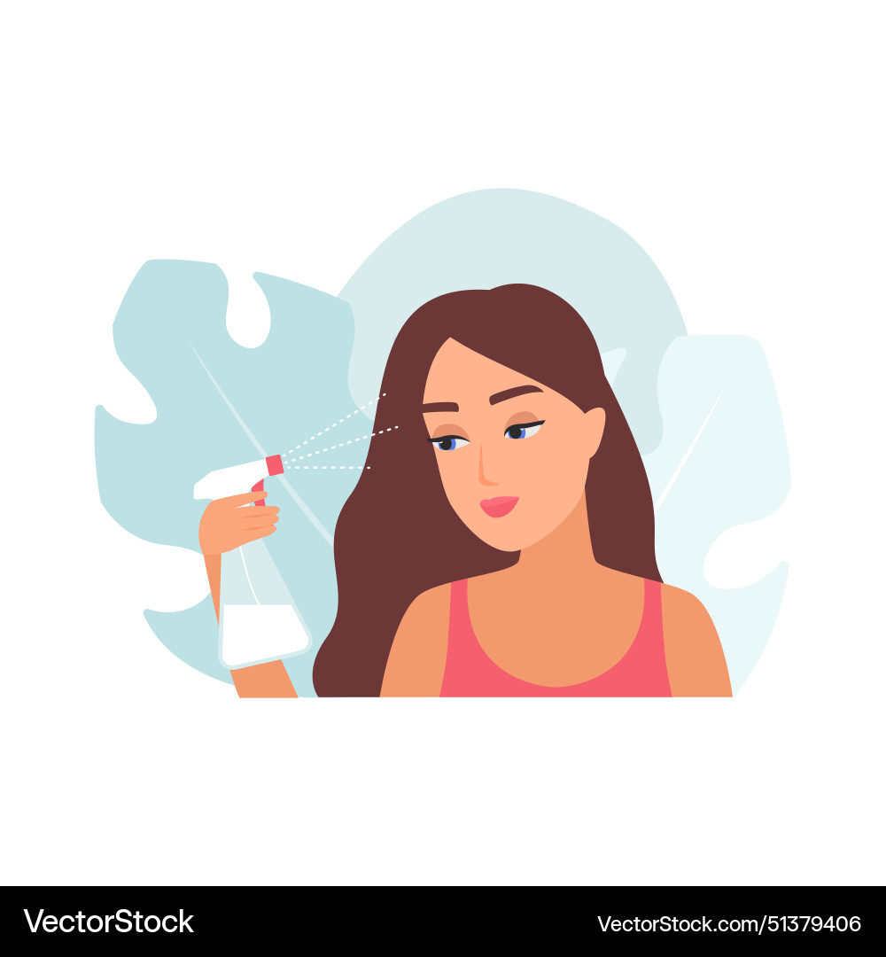 Girl using spray bottle to apply liquid cosmetic Vector Image
