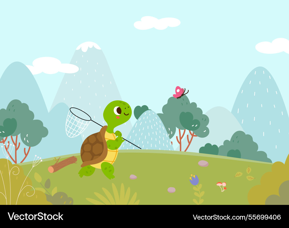 Turtle play with butterfly on meadow cute turtle Vector Image
