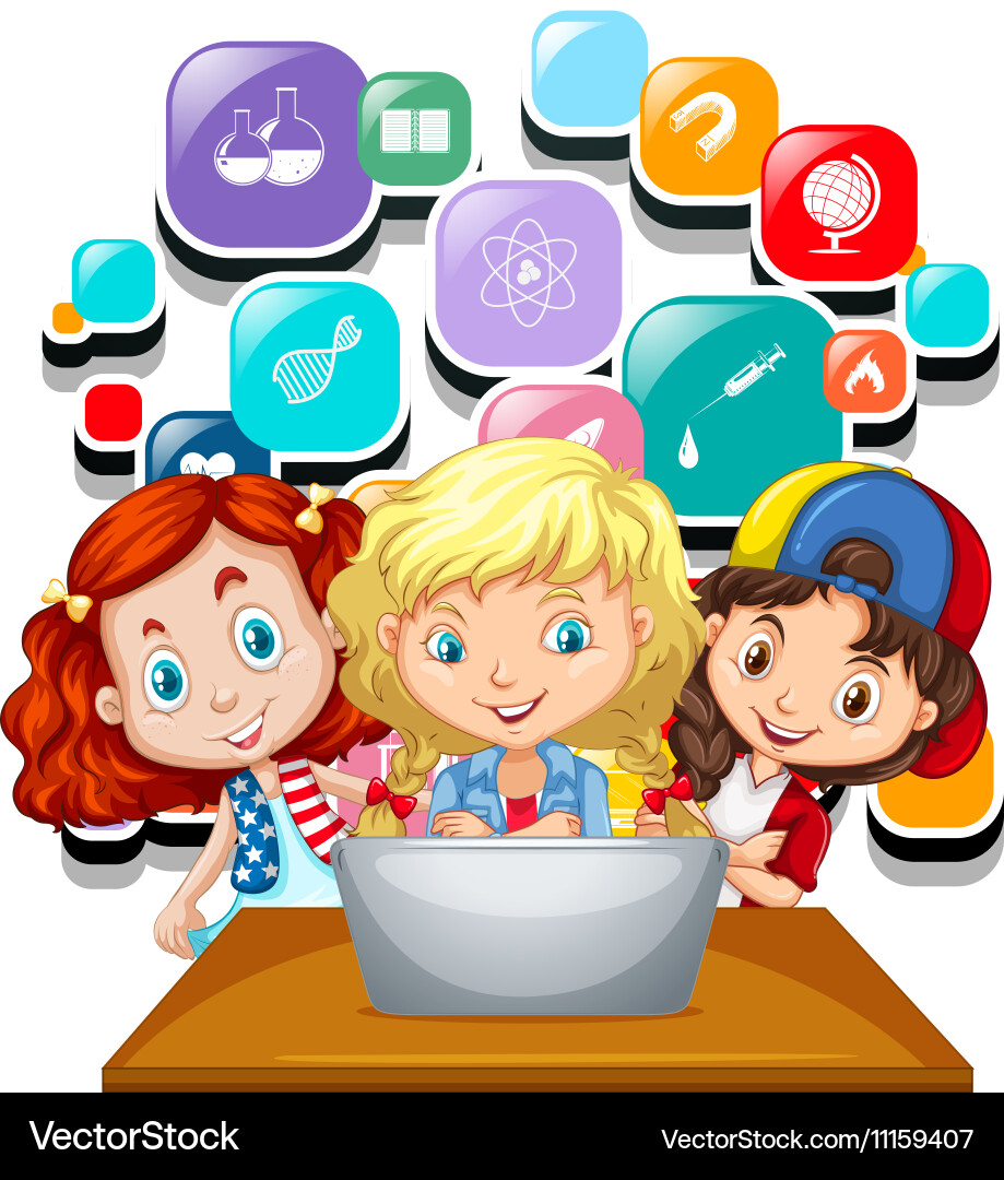 Three girls working on computer laptop Royalty Free Vector