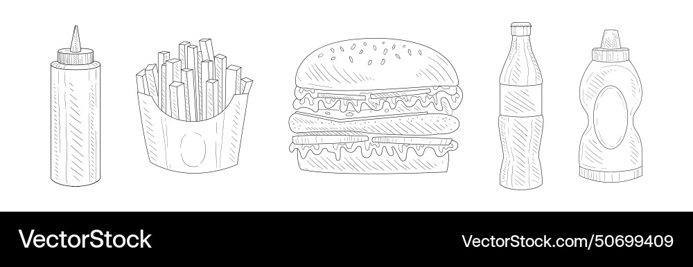 Fast food linear product and snack set Royalty Free Vector
