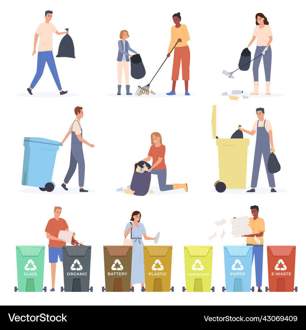 People sorting waste set Royalty Free Vector Image