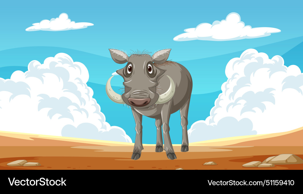 Cartoon warthog standing under a clear blue sky Vector Image