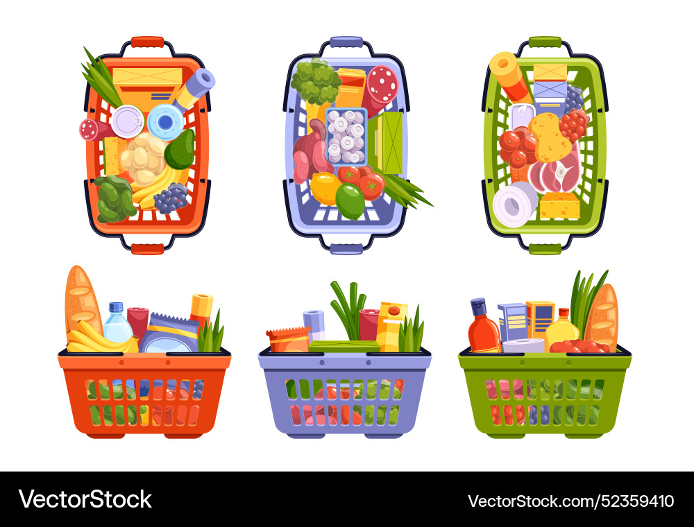 Colorful grocery baskets filled with a diverse Vector Image