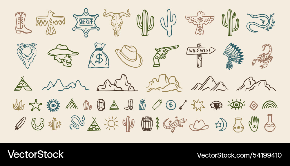 Wild west cowboy doodle icon set hand drawn boho Vector Image