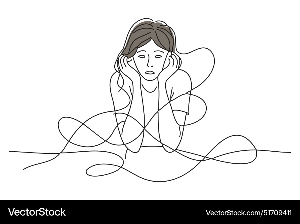 Anxious and depressed woman doodle continuous Vector Image