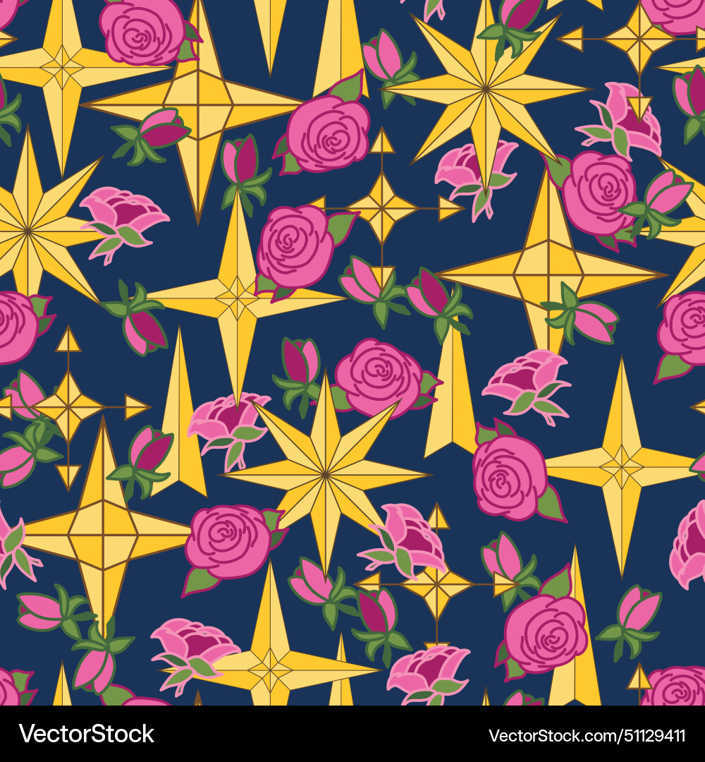 Pink roses and yellow compass on navy blue Vector Image
