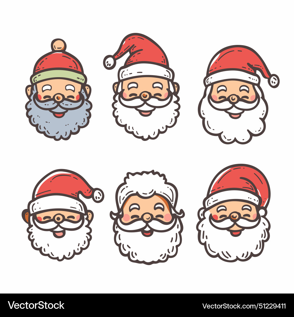 Six cartoon santa claus faces showing various Vector Image