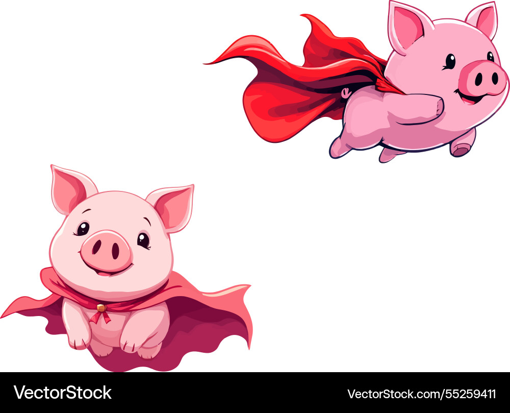 Two super pigs flying with red capes cartoon Vector Image