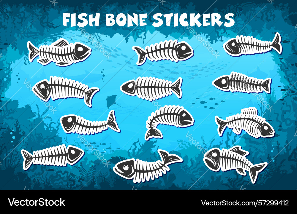 Fish bone skeleton silhouettes stickers pack Vector Image
