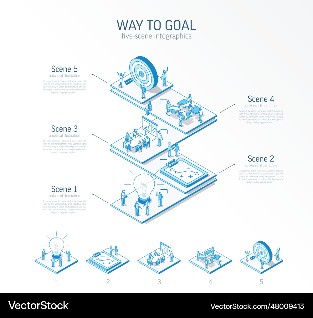 3d line isometric way to goal infographic template