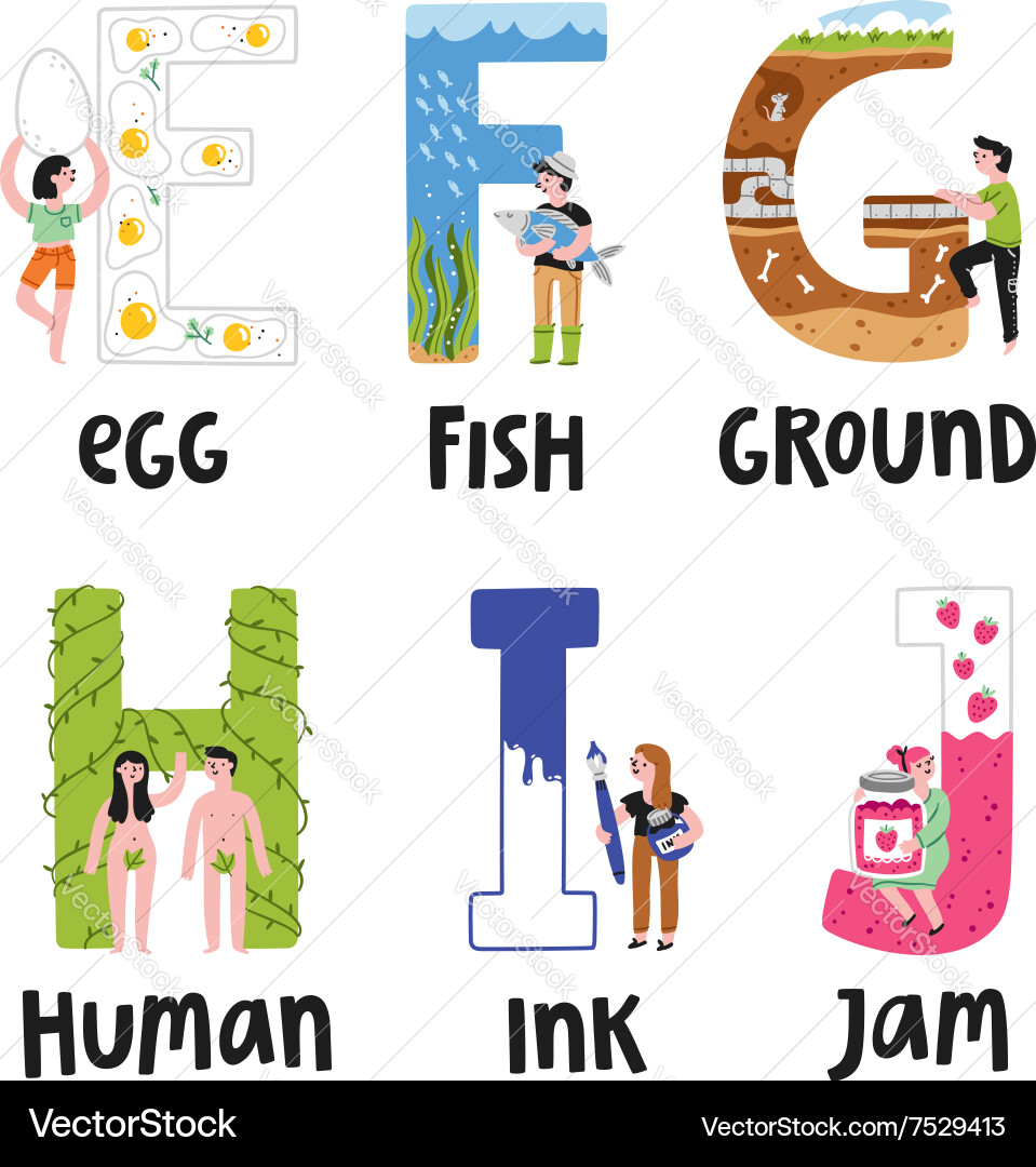 Alphabet letters e to j Royalty Free Vector Image