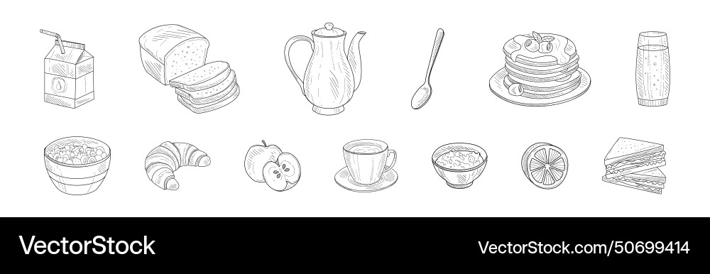 Breakfast food product and item linear set Vector Image