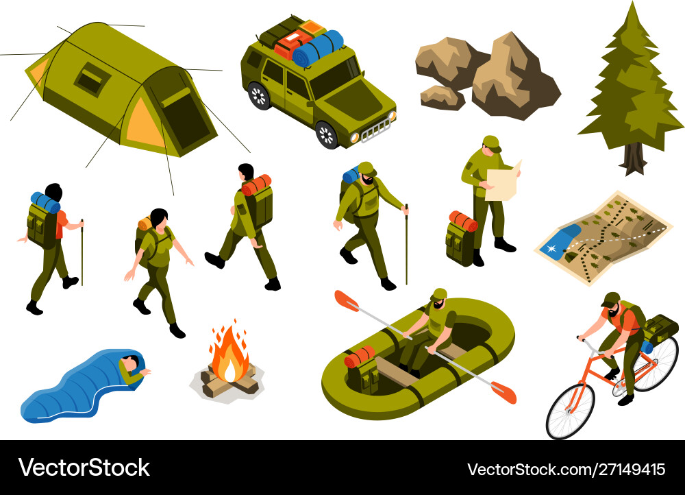 Camping isometric set Royalty Free Vector Image