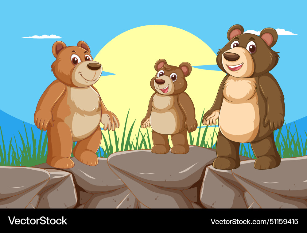 Three cartoon bears standing together outdoors Vector Image