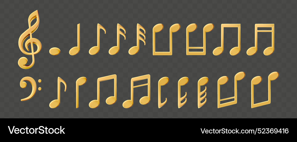 Music notes icon set golden metallic Royalty Free Vector