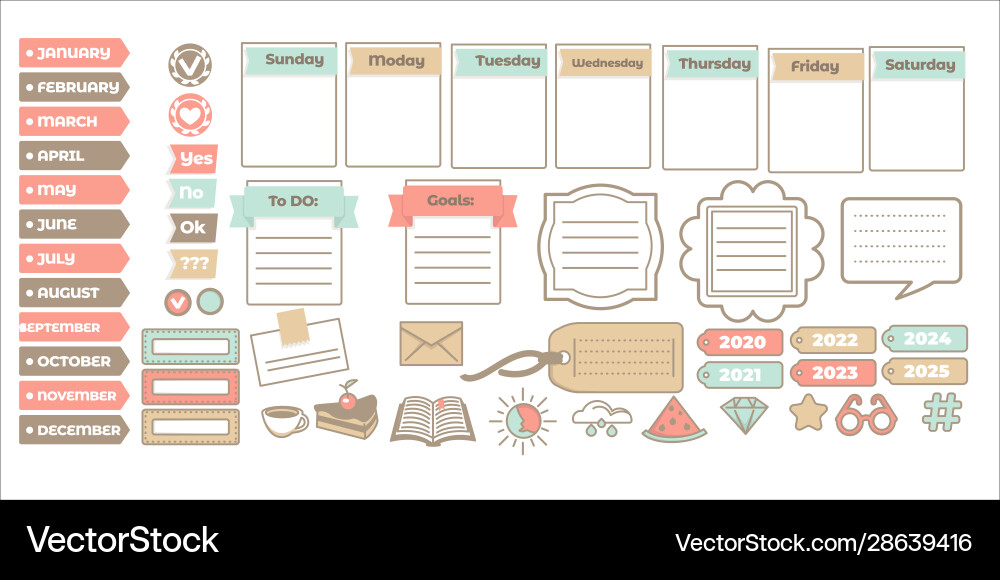 Planner Stickers & Calendar Icons Royalty Free Vector