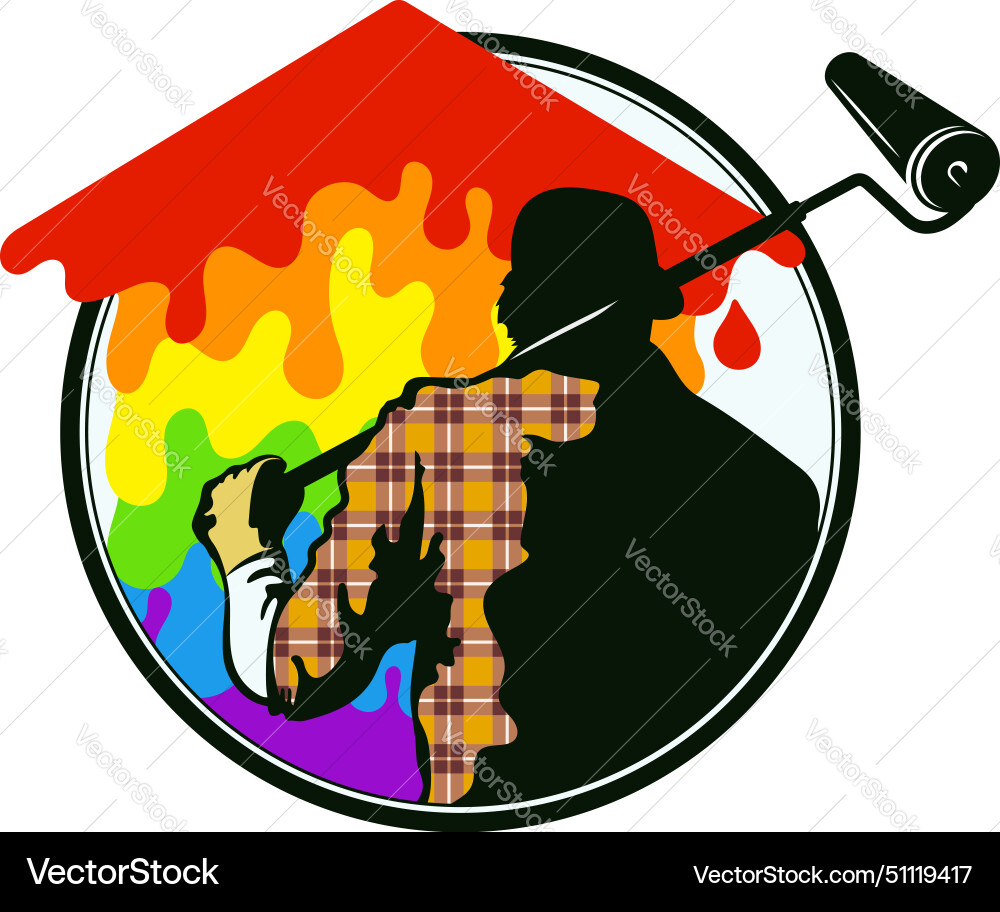 Painter with roller in hand and colored paint Vector Image