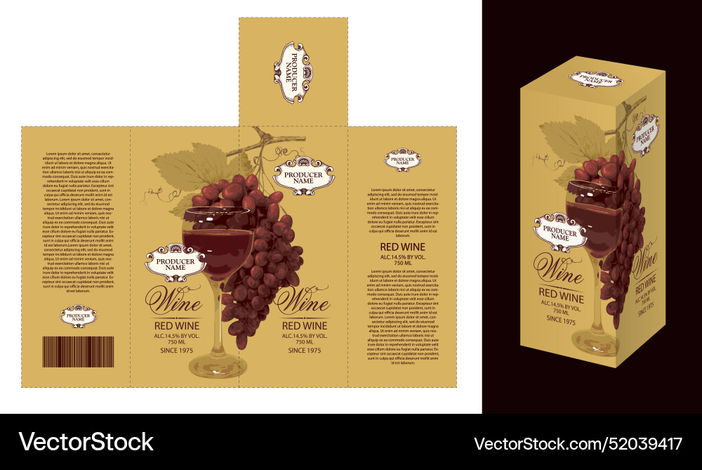 Template of cardboard packaging box for red wine Vector Image