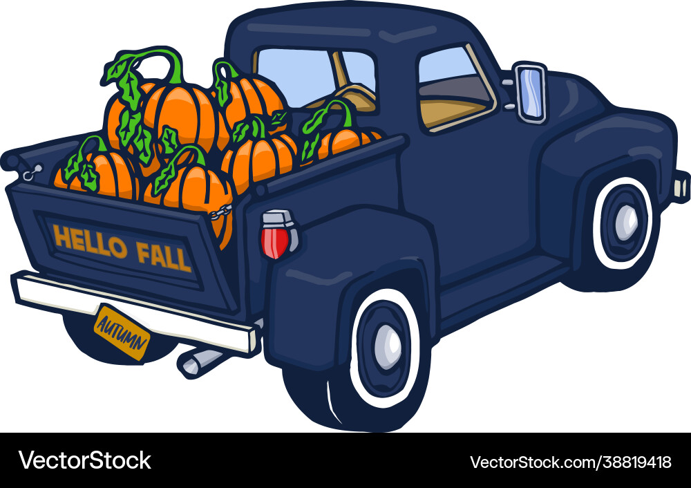 Blue vintage pumpkin truck hello fall Royalty Free Vector