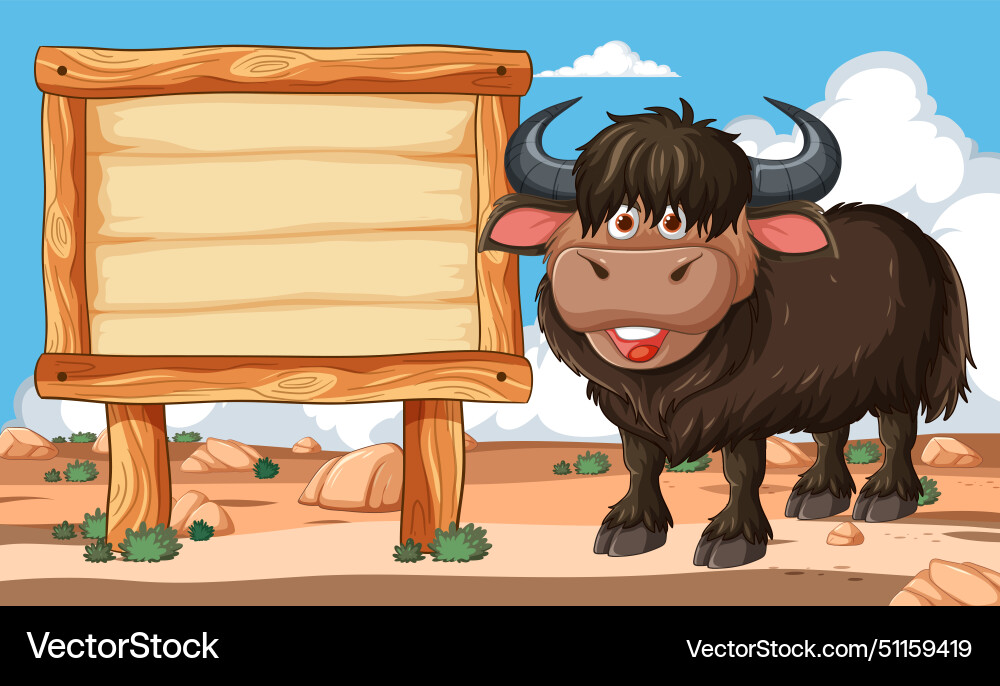Cartoon yak standing next to a blank sign Vector Image