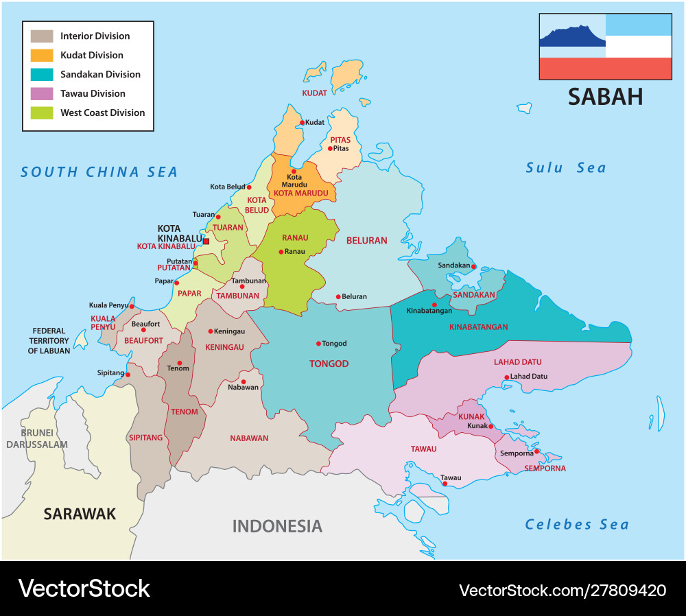 Administrative map sabah malaysia Royalty Free Vector Image