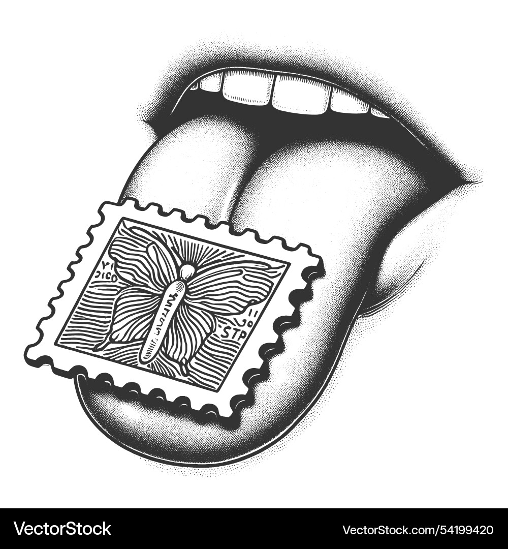 Mouth with stamp on tongue engraving Royalty Free Vector
