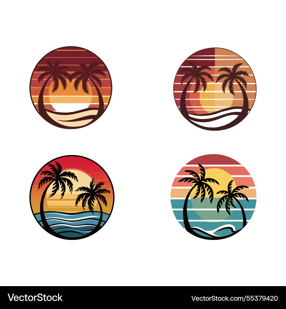 Retro sunset beach scene logos collection Vector Image