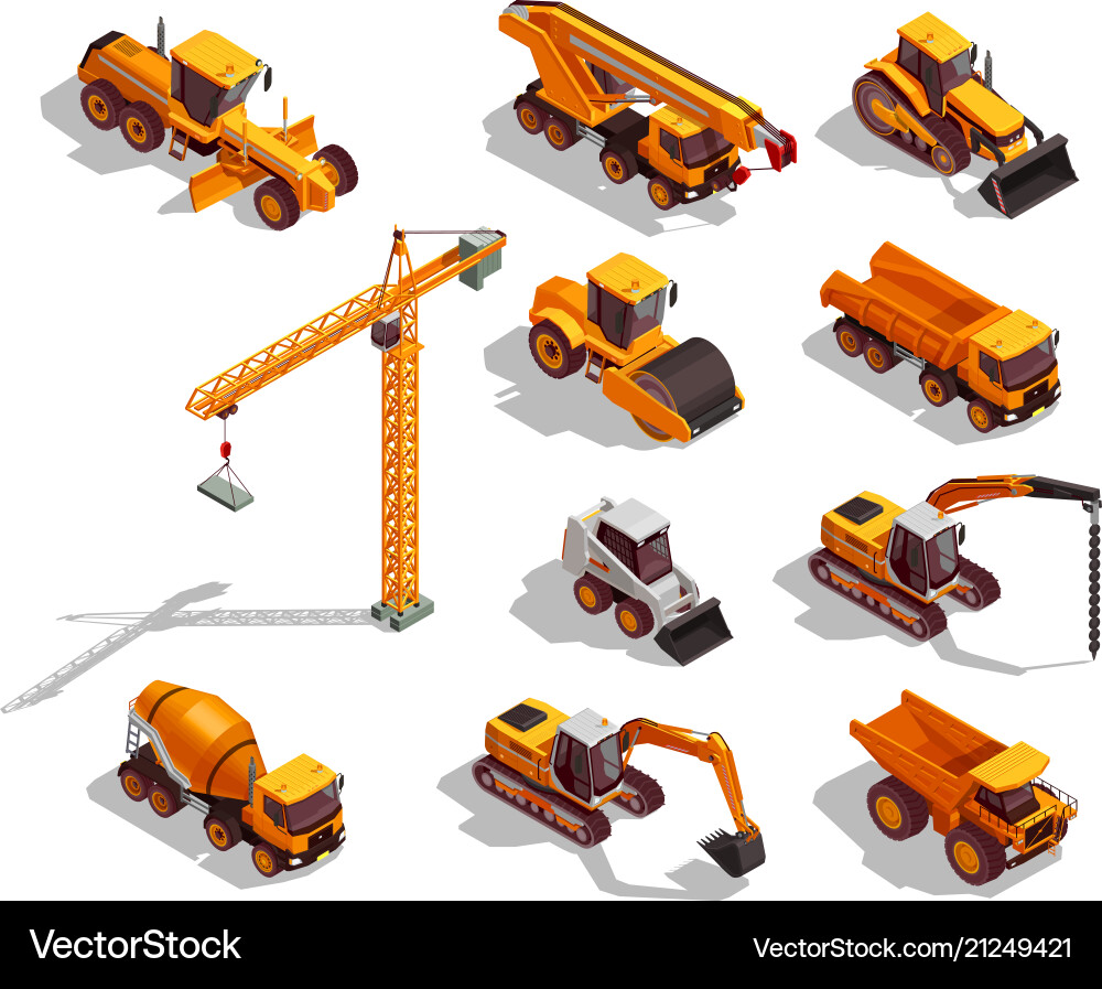 Construction machinery isometric icons Royalty Free Vector
