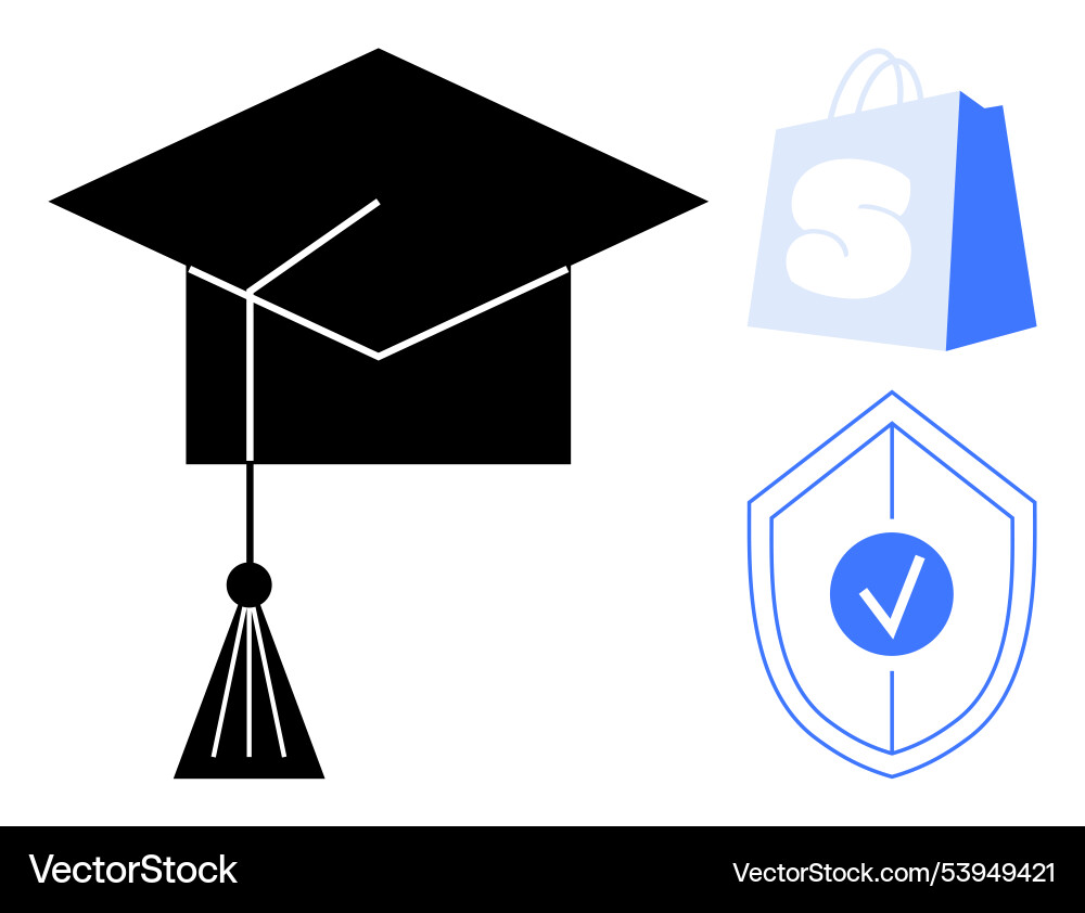 Graduation cap with shopping bag and shield Vector Image