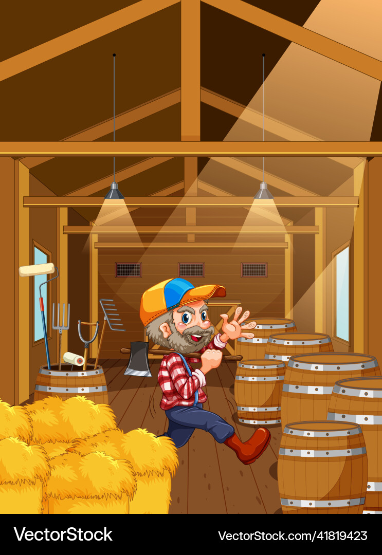 Scene with farmer inside the barn Royalty Free Vector Image