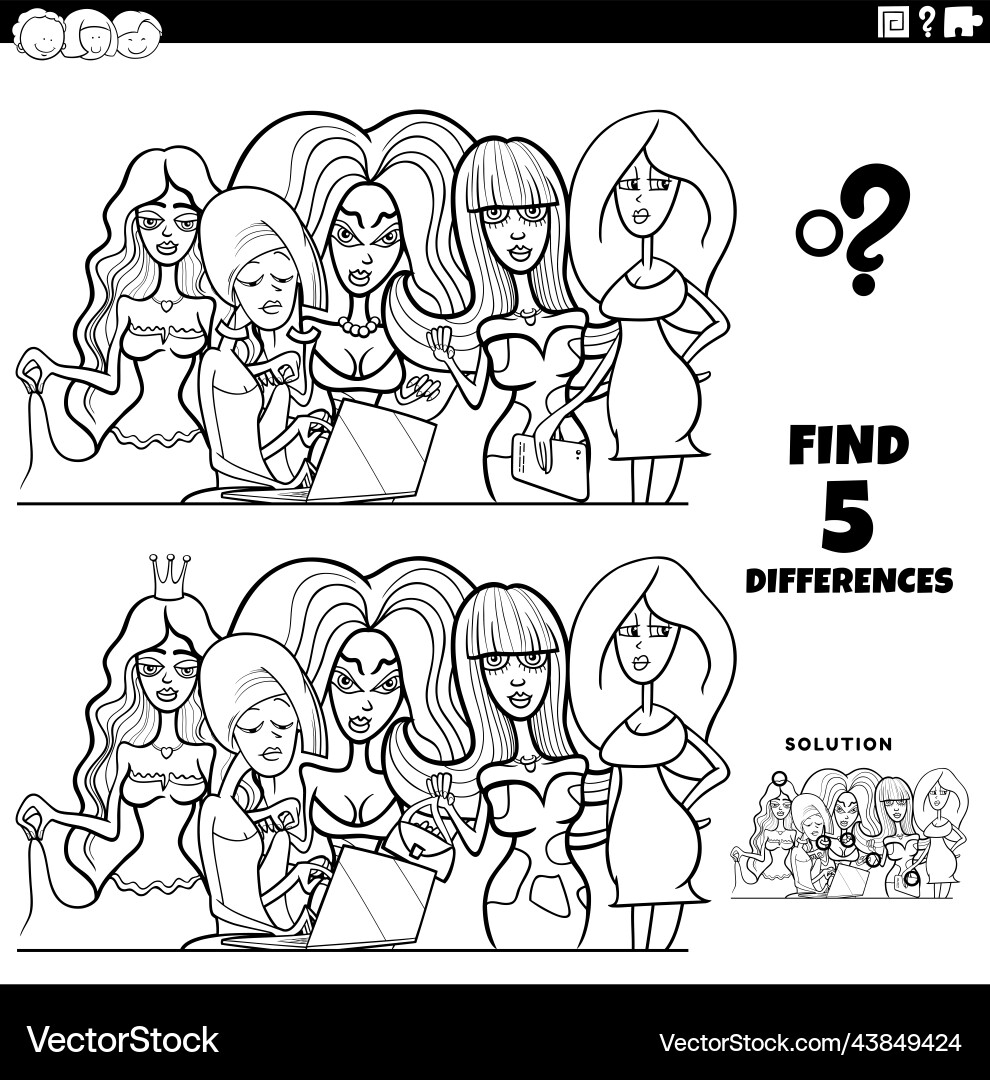 Differences task with comic women coloring page Vector Image