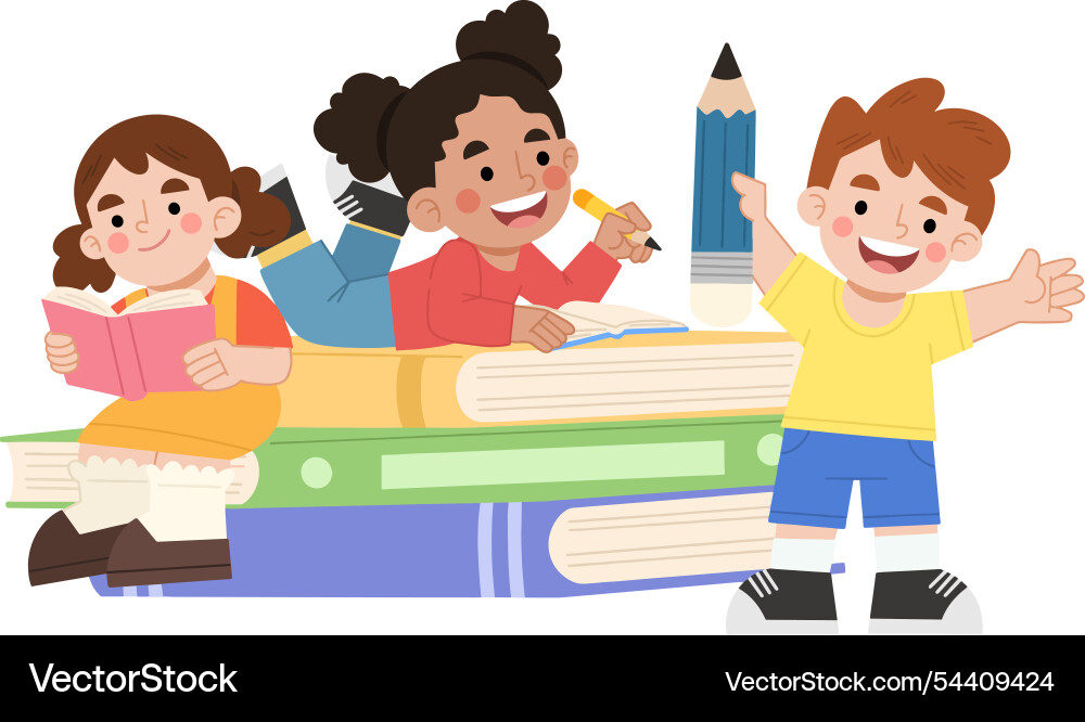 Happy children learning and reading Royalty Free Vector