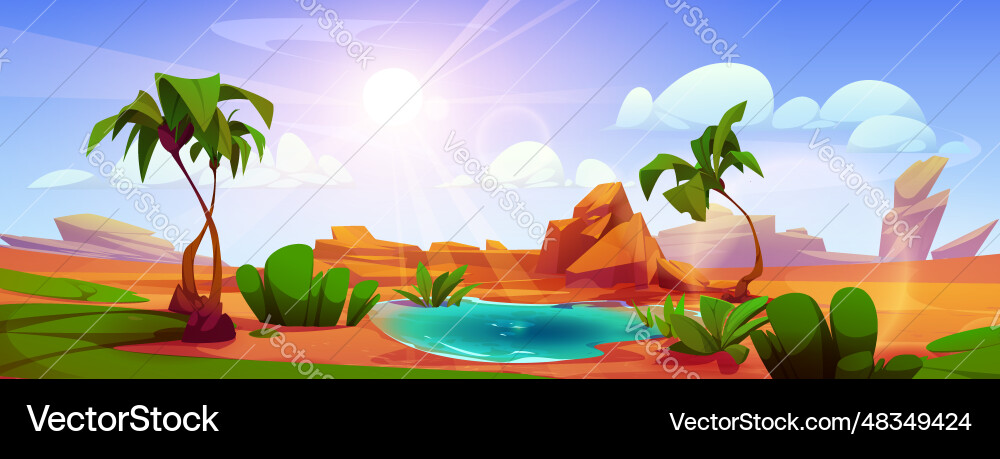 Water puddle and palm trees in hot desert Vector Image