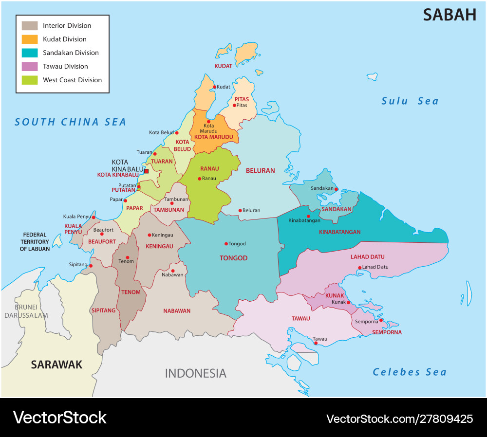 Administrative map sabah malaysia Royalty Free Vector Image