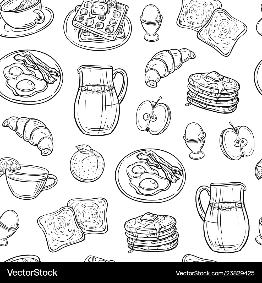 Breakfast doodle pattern pancakes jam cheese Vector Image