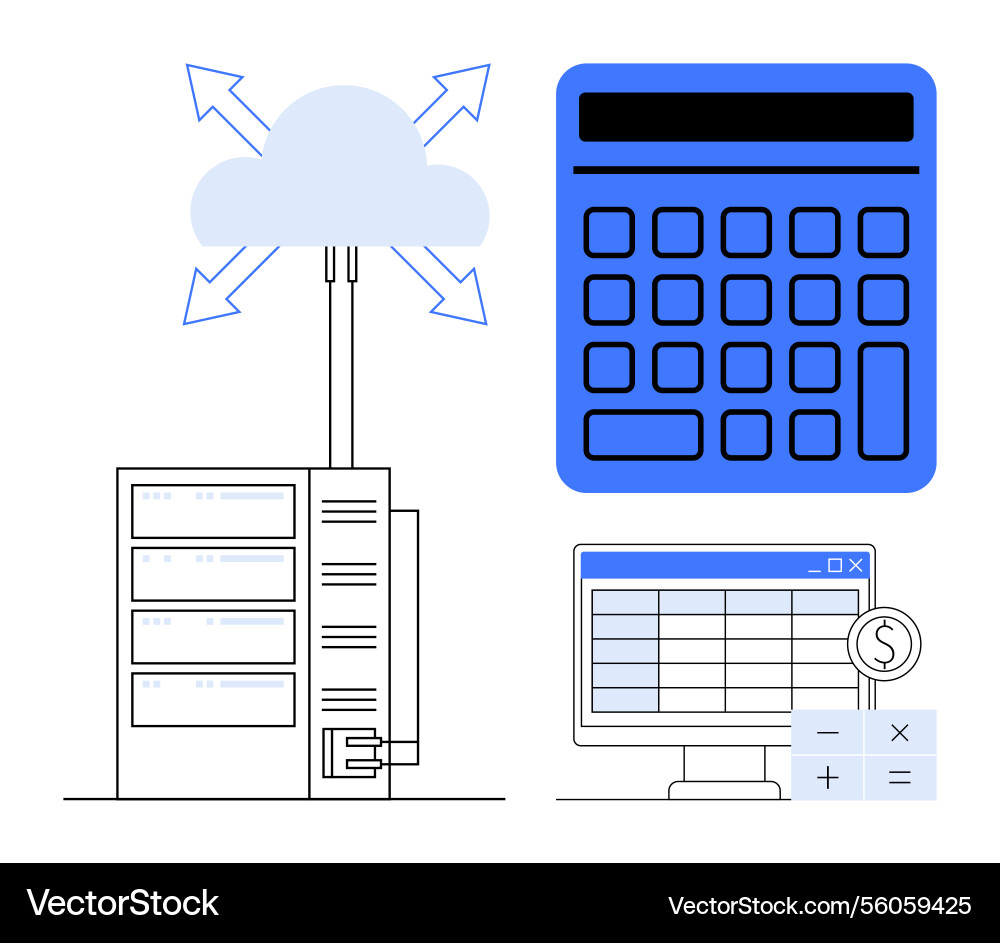 Cloud storage connected to server with calculator Vector Image