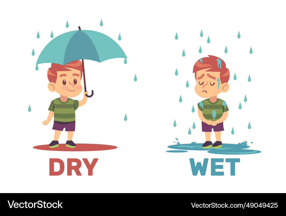 Dry boy is standing with umbrella Royalty Free Vector Image