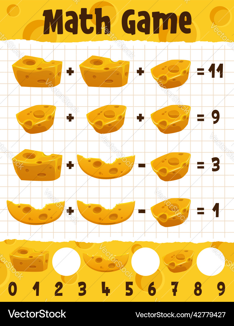 Cartoon gouda and maasdam cheese math worksheet Vector Image