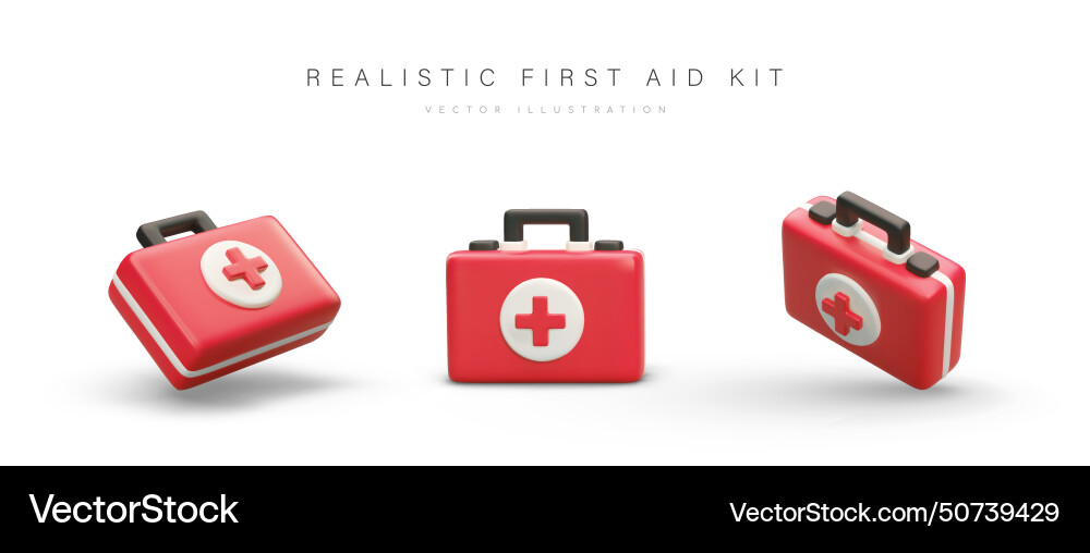 Realistic red first aid kits in cartoon style set Vector Image