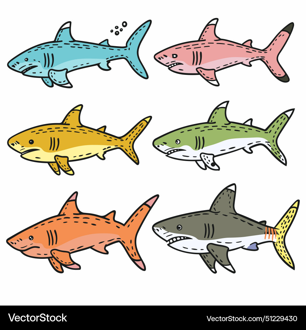 Colorful cartoon sharks swimming different Vector Image