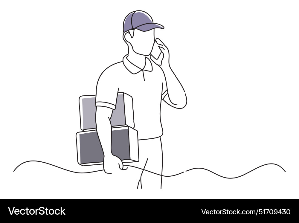 Delivery man answering the phone while hand Vector Image