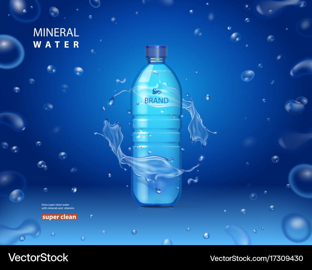 Drinking mineral water bottle ad blue background Vector Image