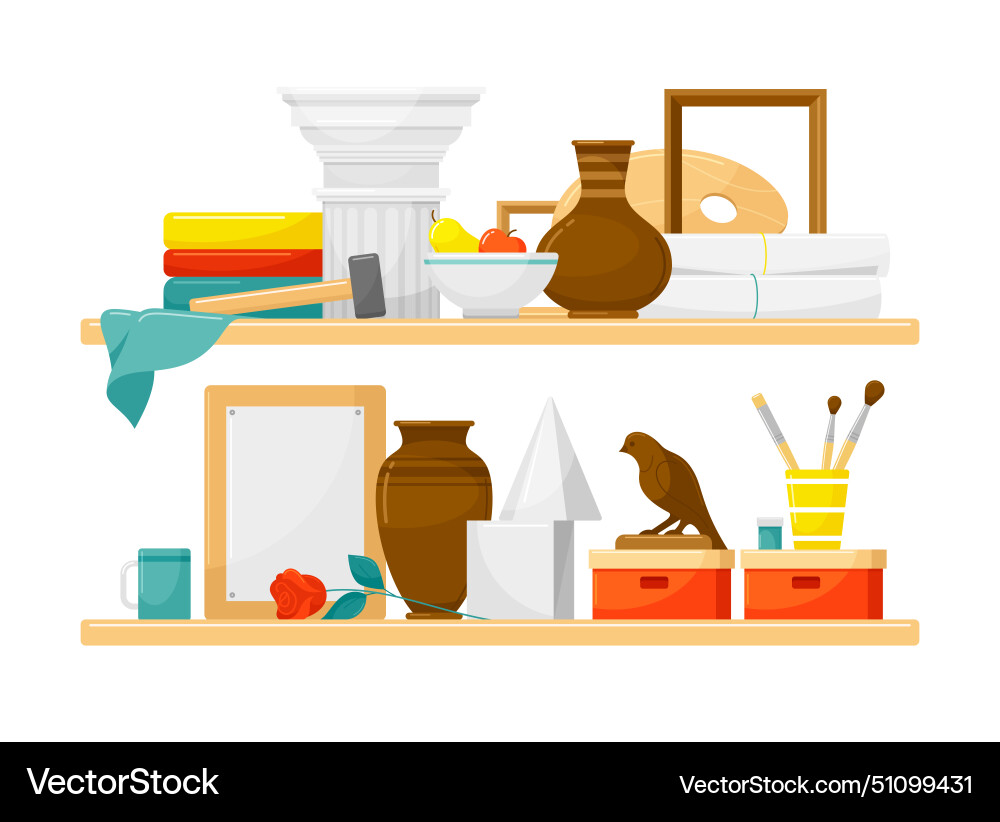 Art studio class shelves with artwork material Vector Image